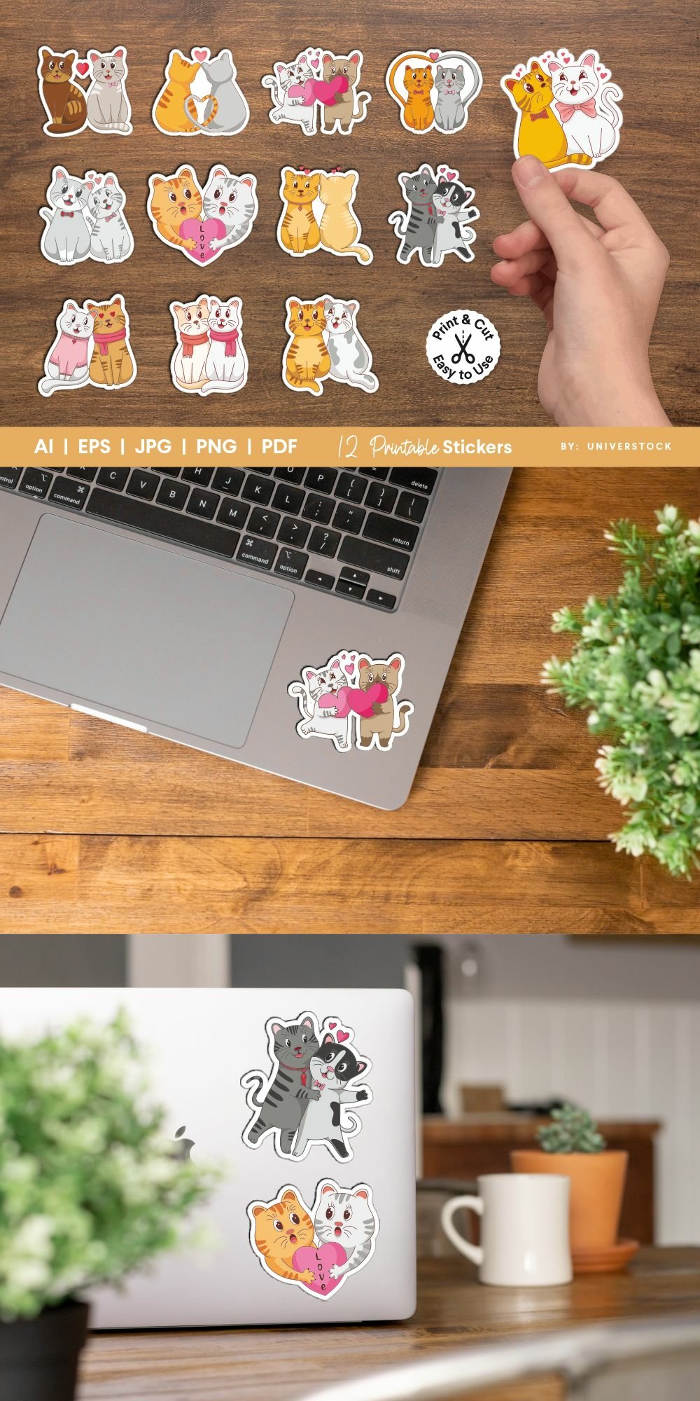 Couple Cute Cats Printable Stickers for Valentines Day