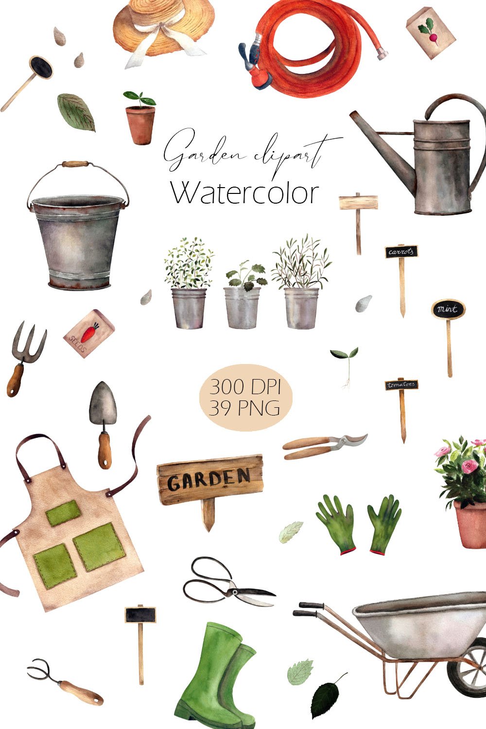 Watercolor garden clipart. Gardening sublimation PNG