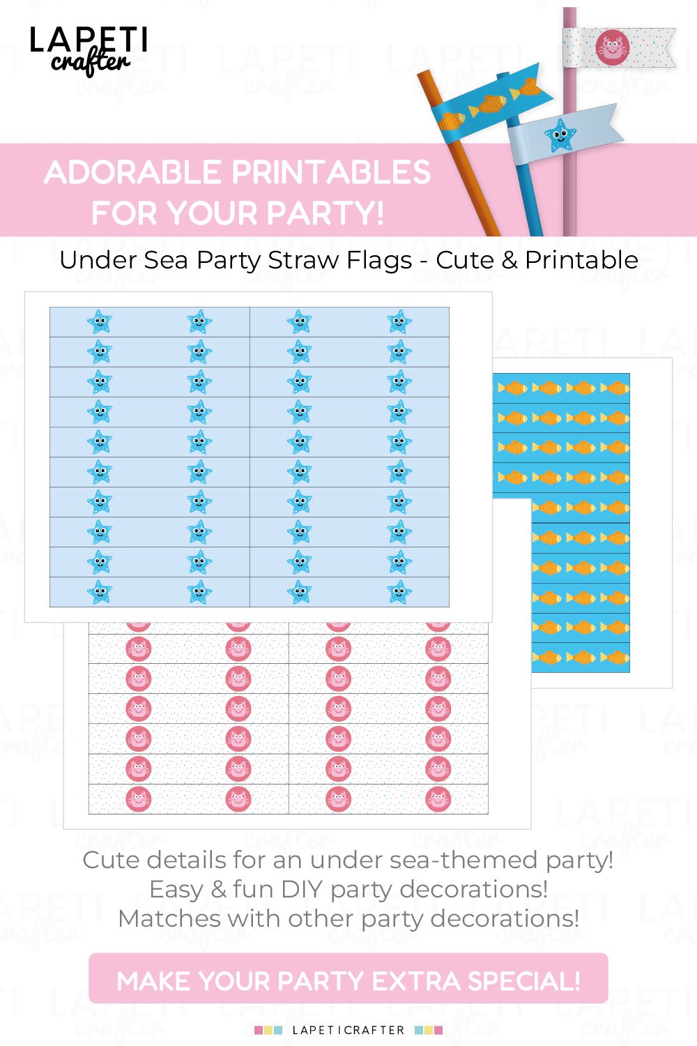 DIY Underwater Party Straw Flag, Printable Ocean Party Decor