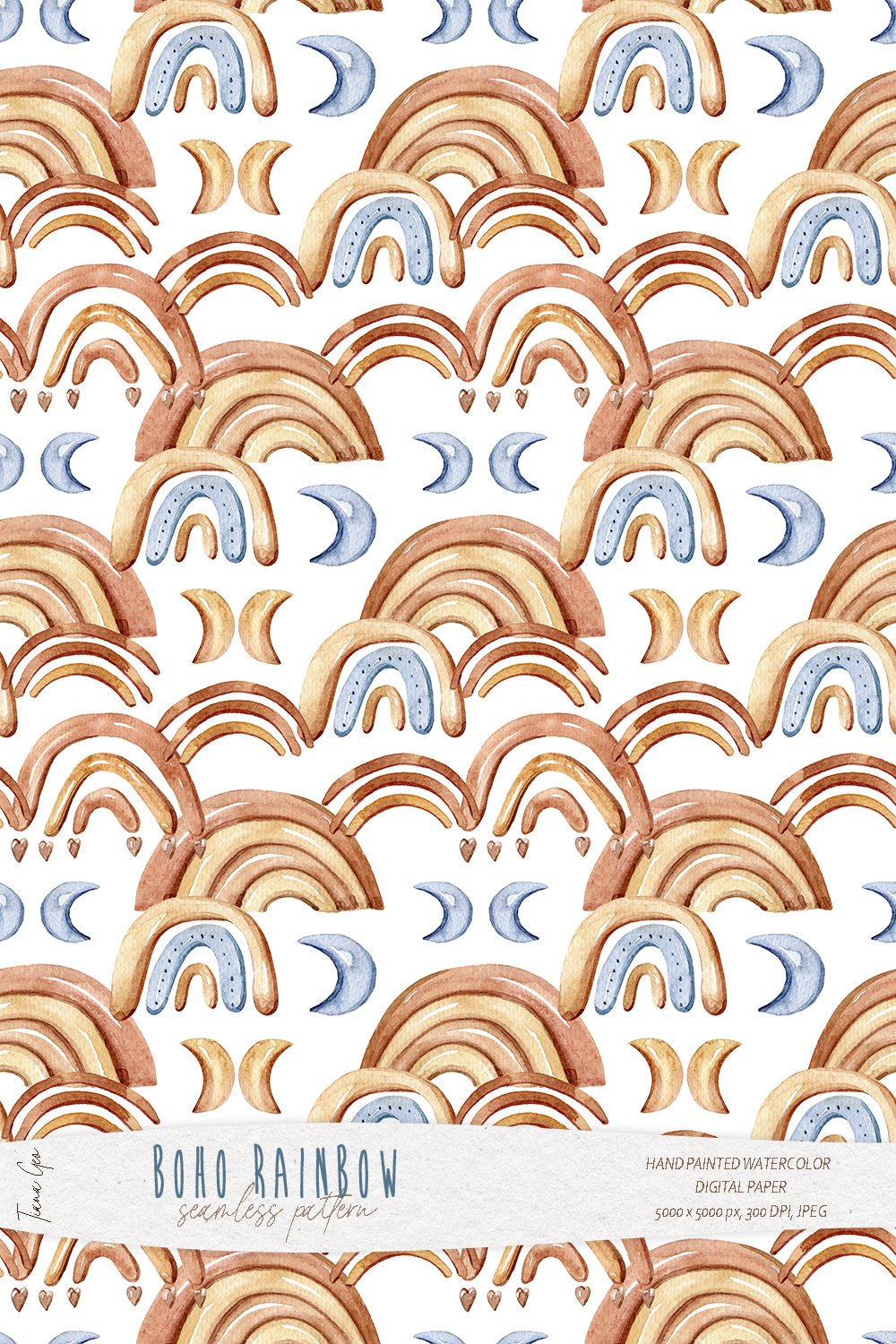 Watercolor cute boho rainbow seamless pattern. Digital paper