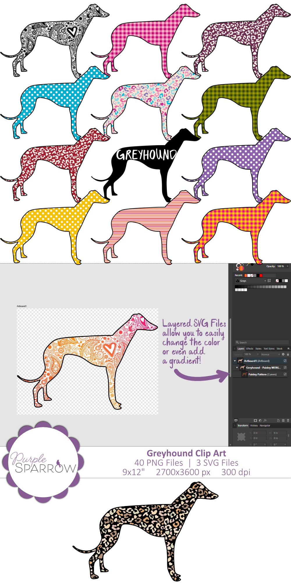 Greyhound Clip Art Collection | 3 SVG and 40 PNG Files