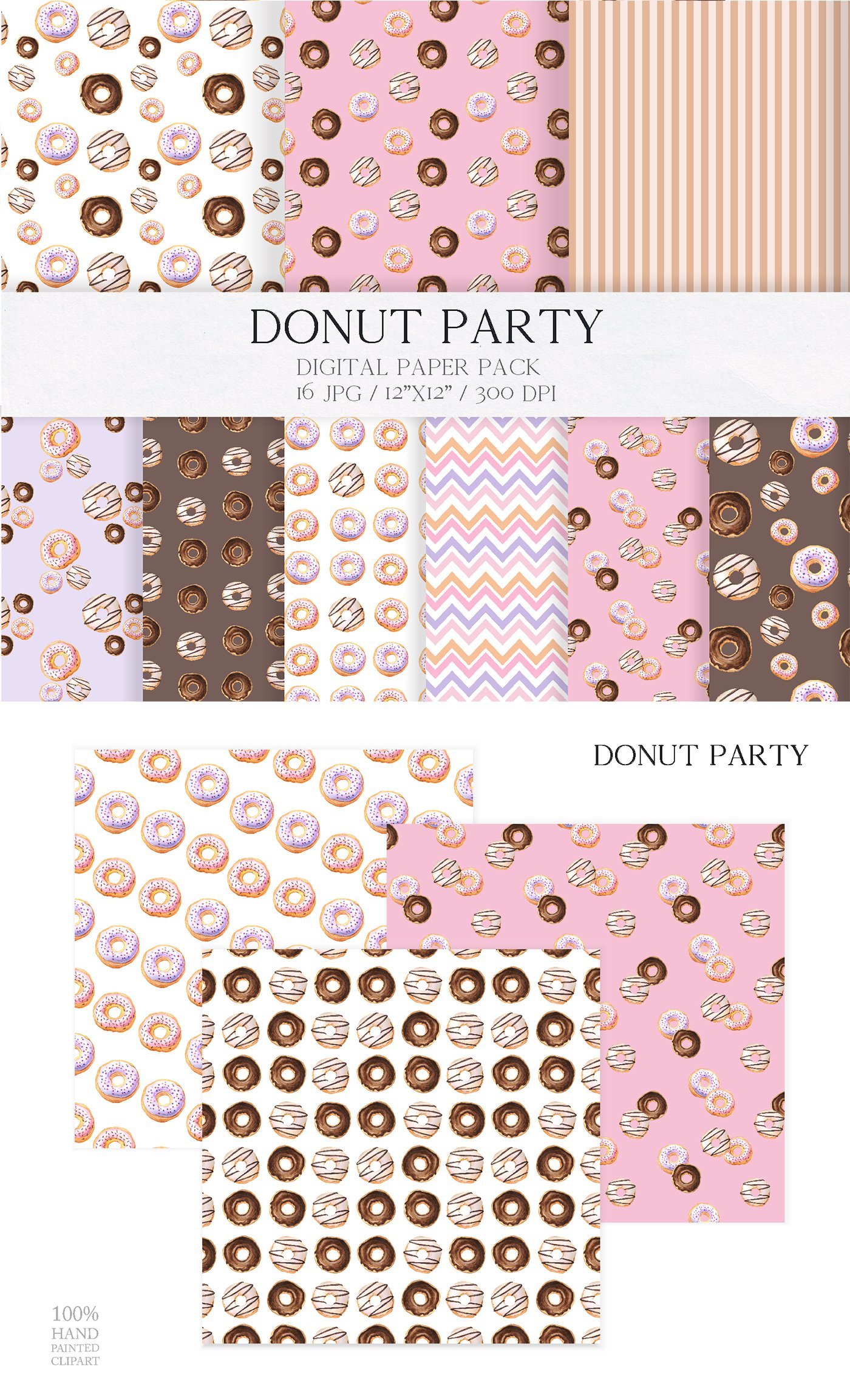 Watercolor Donut Digital Papers Pack