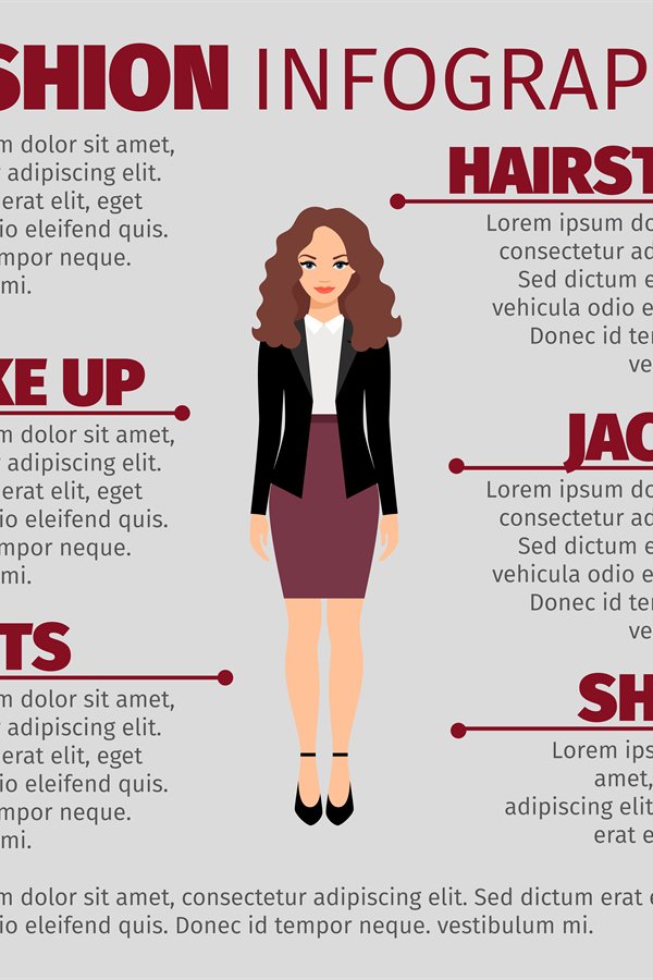 Woman in purple skirt fashion infographic