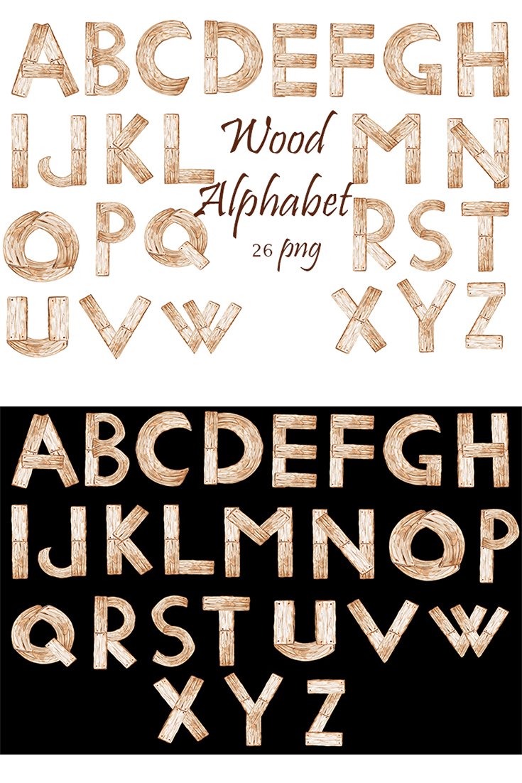 Alphabet clipart. Watercolor. Wood.