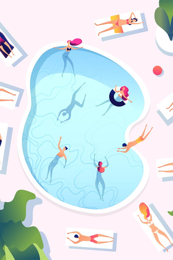 Summer pool. People at swimming pool top view. Persons swim