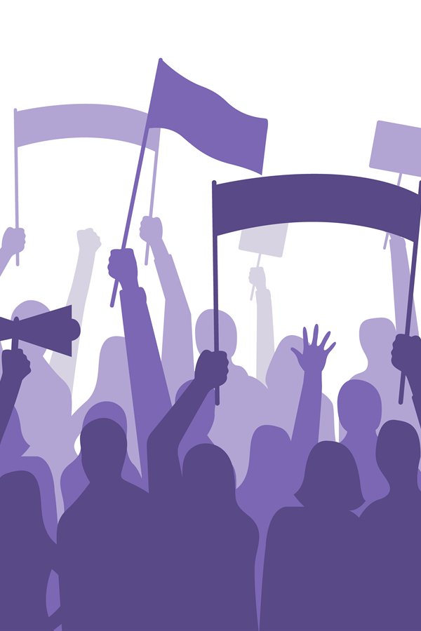 Activists protest. Political riot sign banners, people holdi