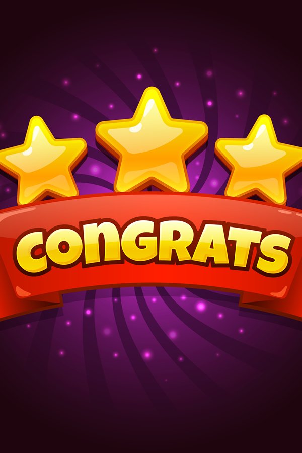 Congratulations game screen. Golden Congrats sign with three