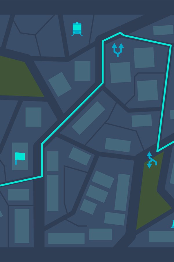 GPS ui dark theme. Gps city tracking maps route line with pi