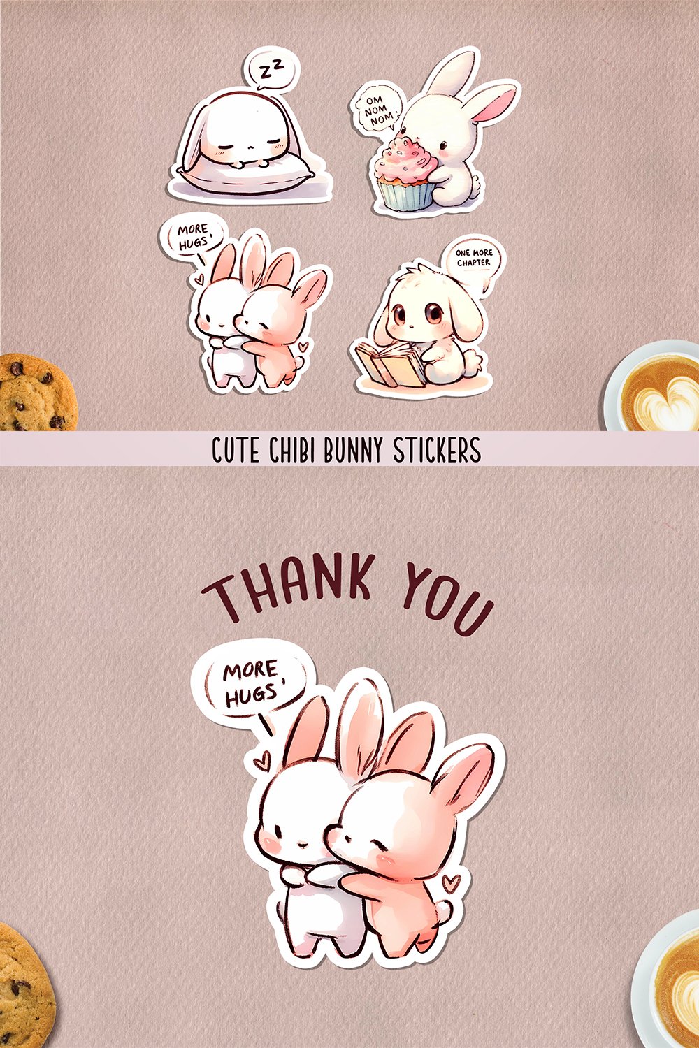 Cute chibi bunny stickers, JPG, PNG.