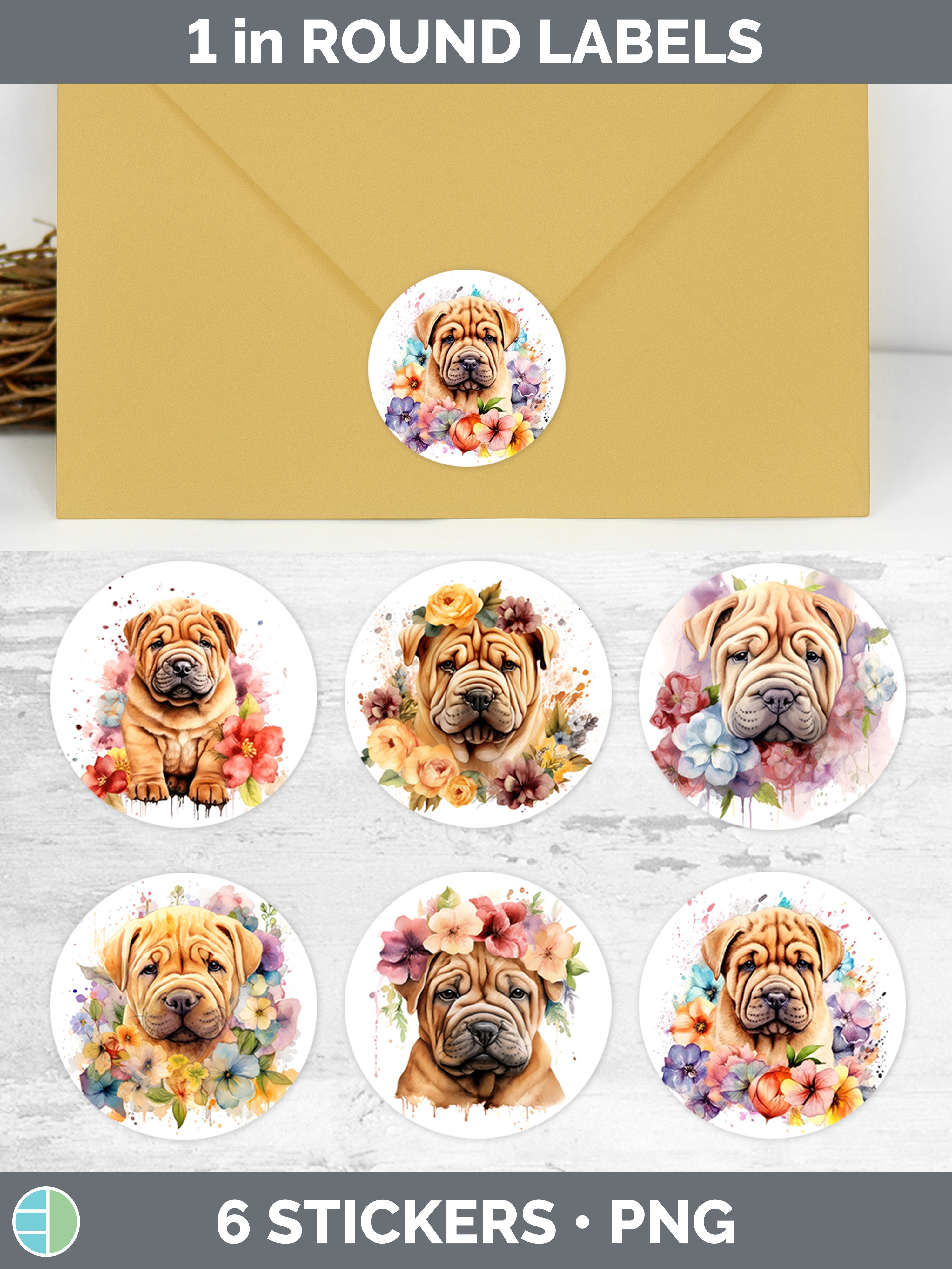 Watercolor Shar Pei Dog Stickers | Round Labels Designs Bund