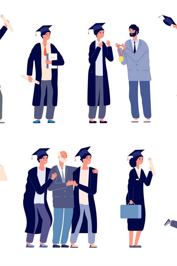 Graduate characters. College students, happy university grad