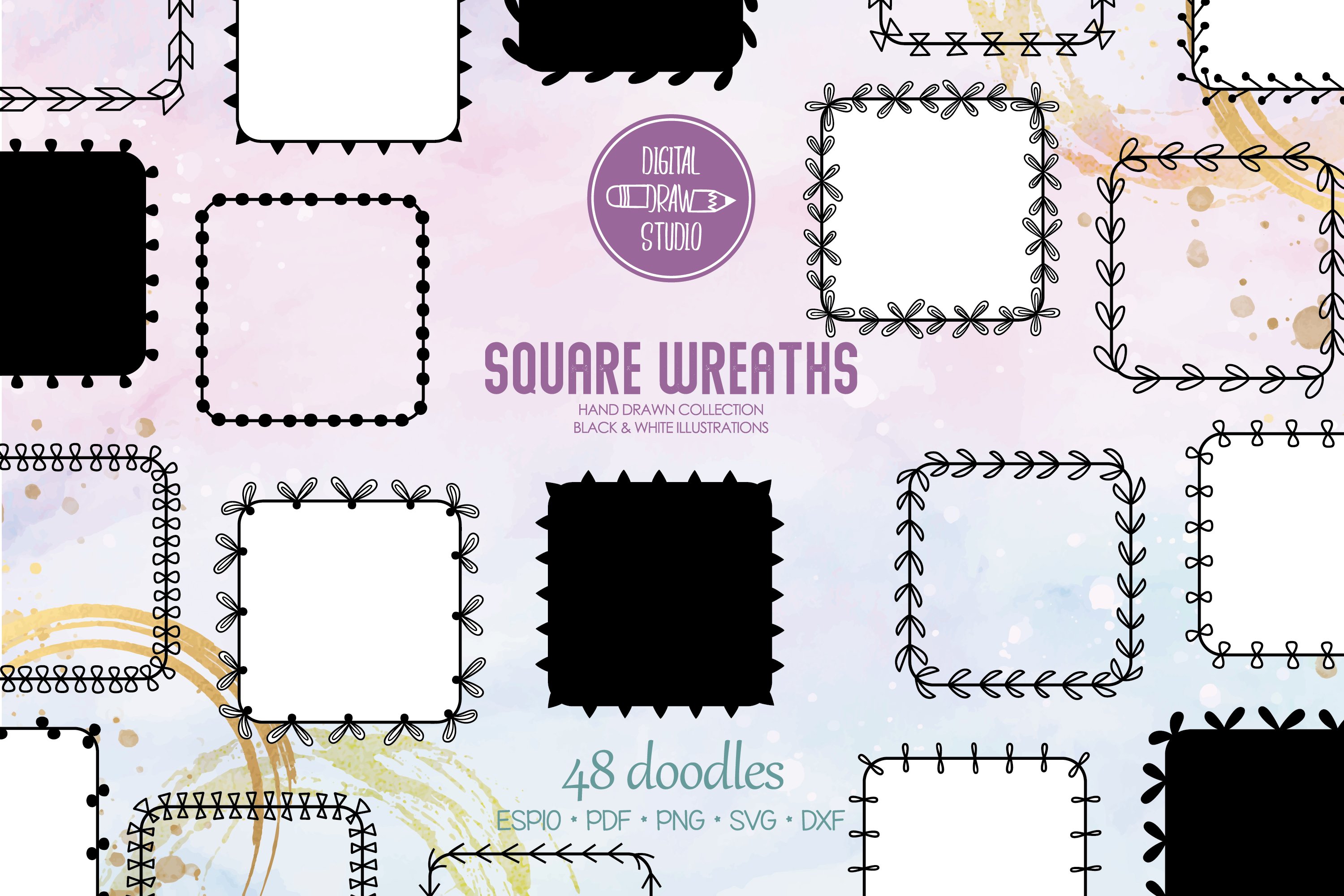 Square Wreaths | Hand Drawn Borders, Floral Frames, Laurel