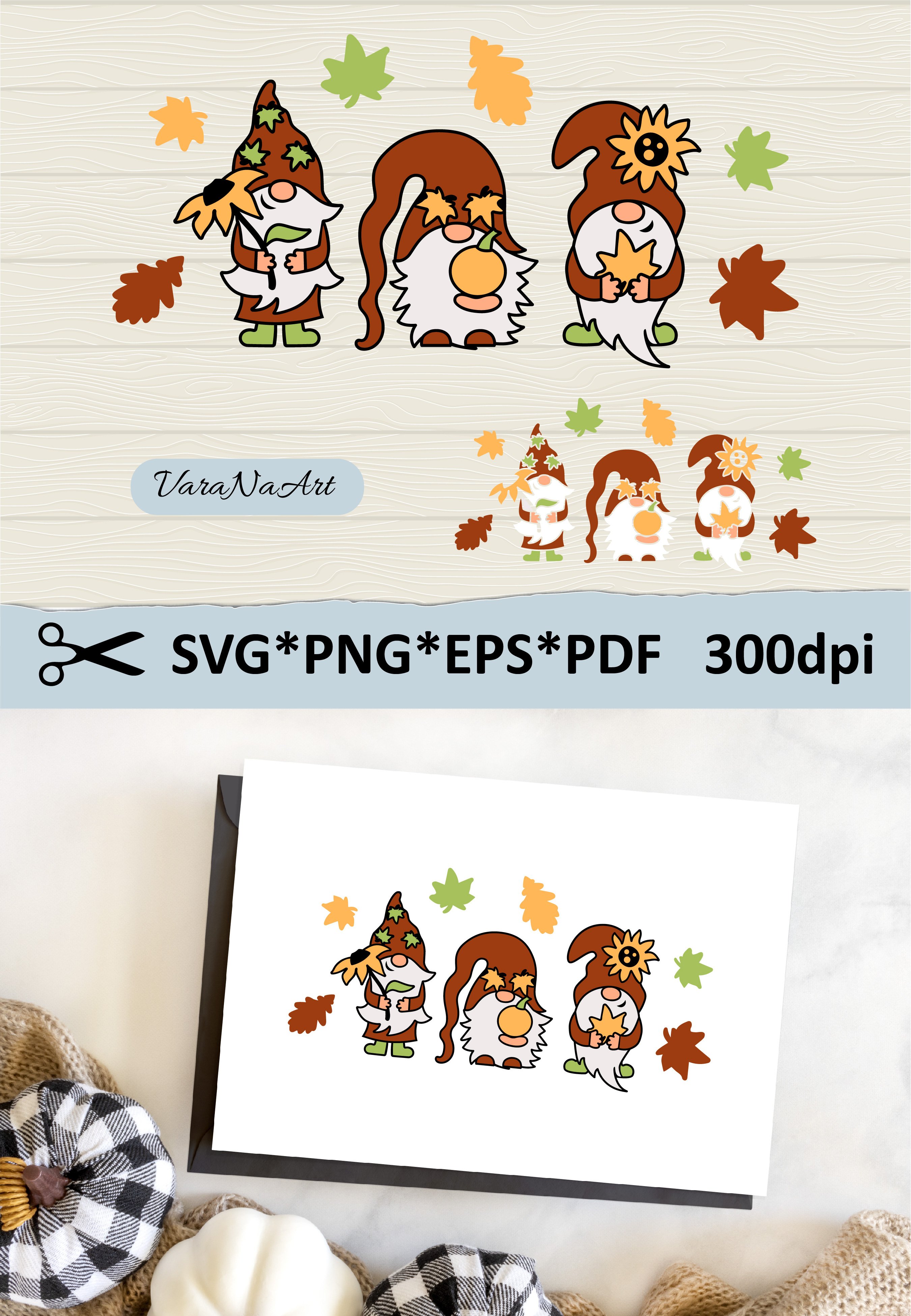 Three fall gnomes with sunflower, pumpkin, autumn leaves.