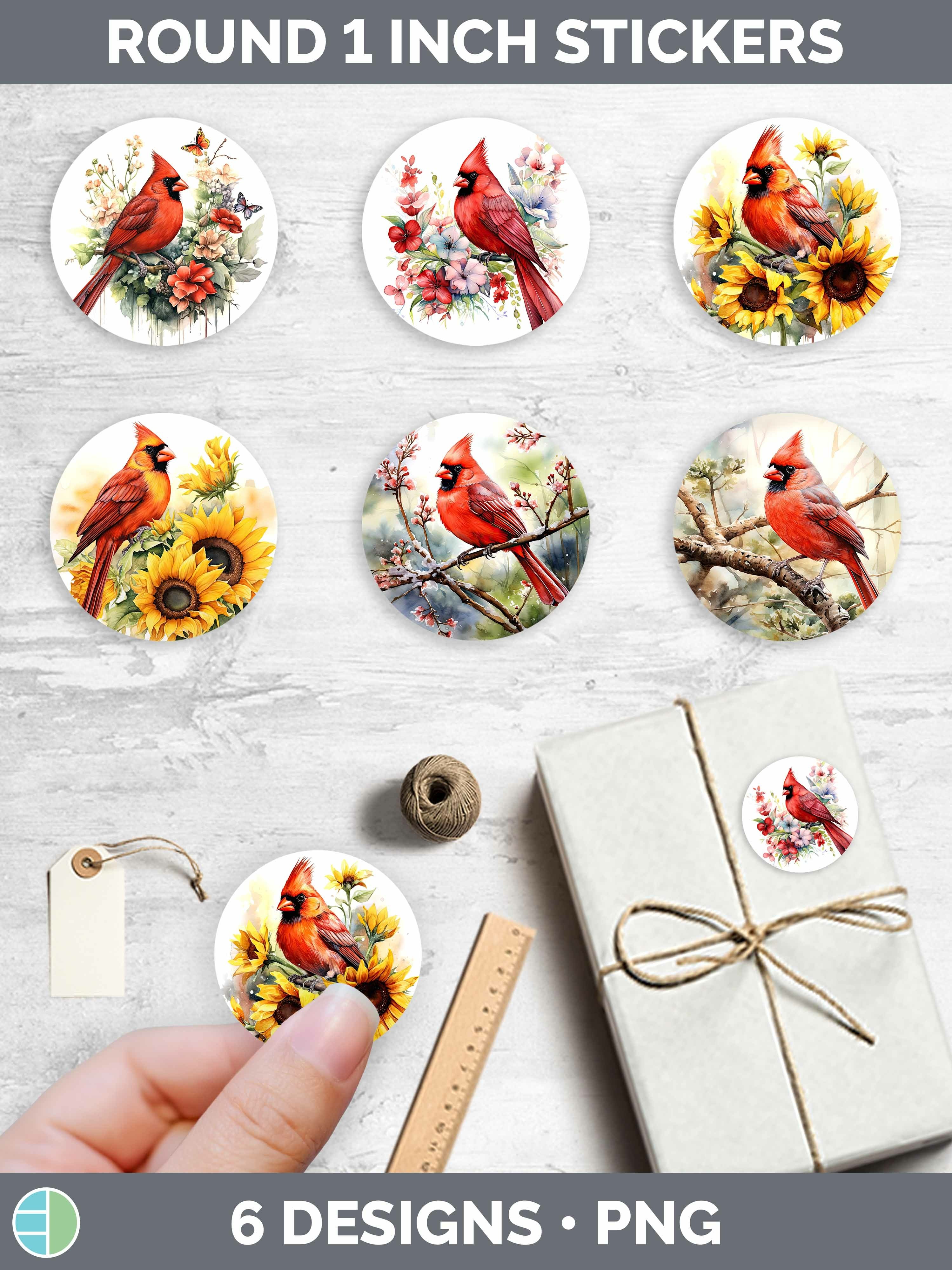 Watercolor Cardinal Stickers | Round Labels Bundle