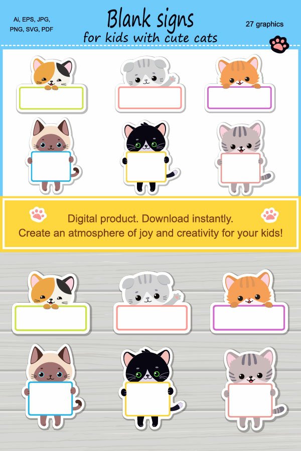 Cute kawaii cats with blank signs