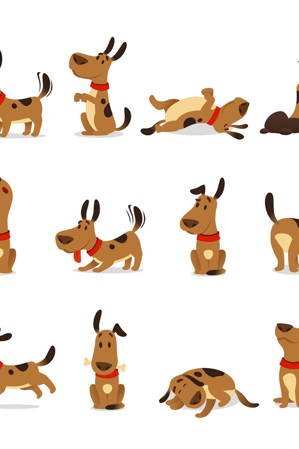 Cartoon dog set. Dogs tricks and action digging dirt eating