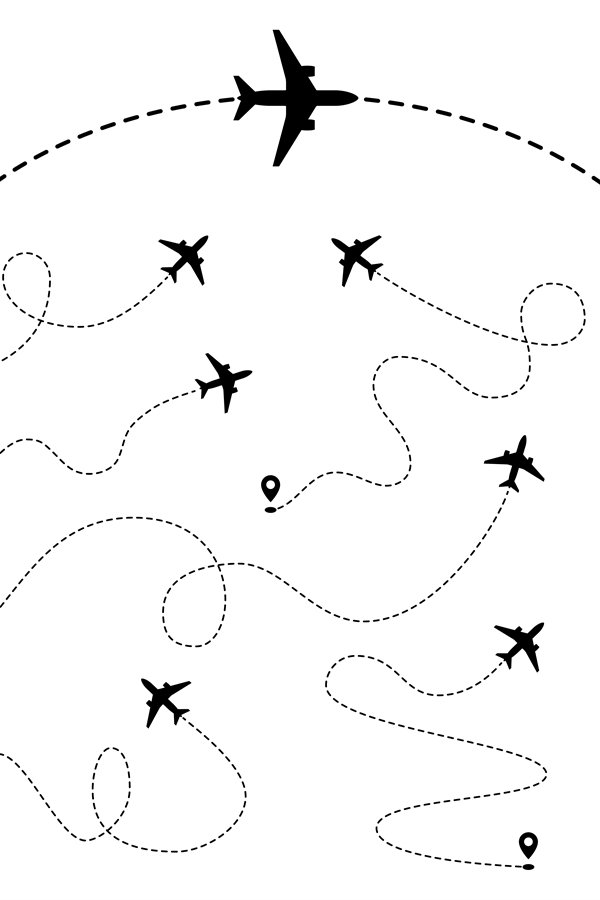 Airplane paths. Plane dashed tracing line from point. Vector