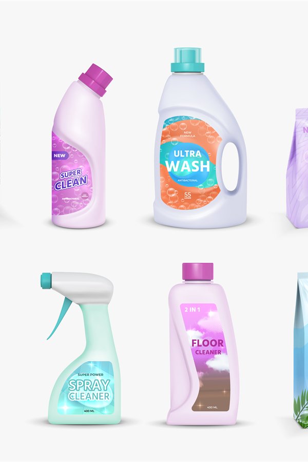 Realistic household cleaning product package with label desi
