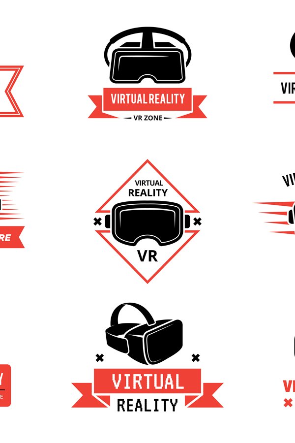 Vr helmet logo. Badges set for gamers future technology head