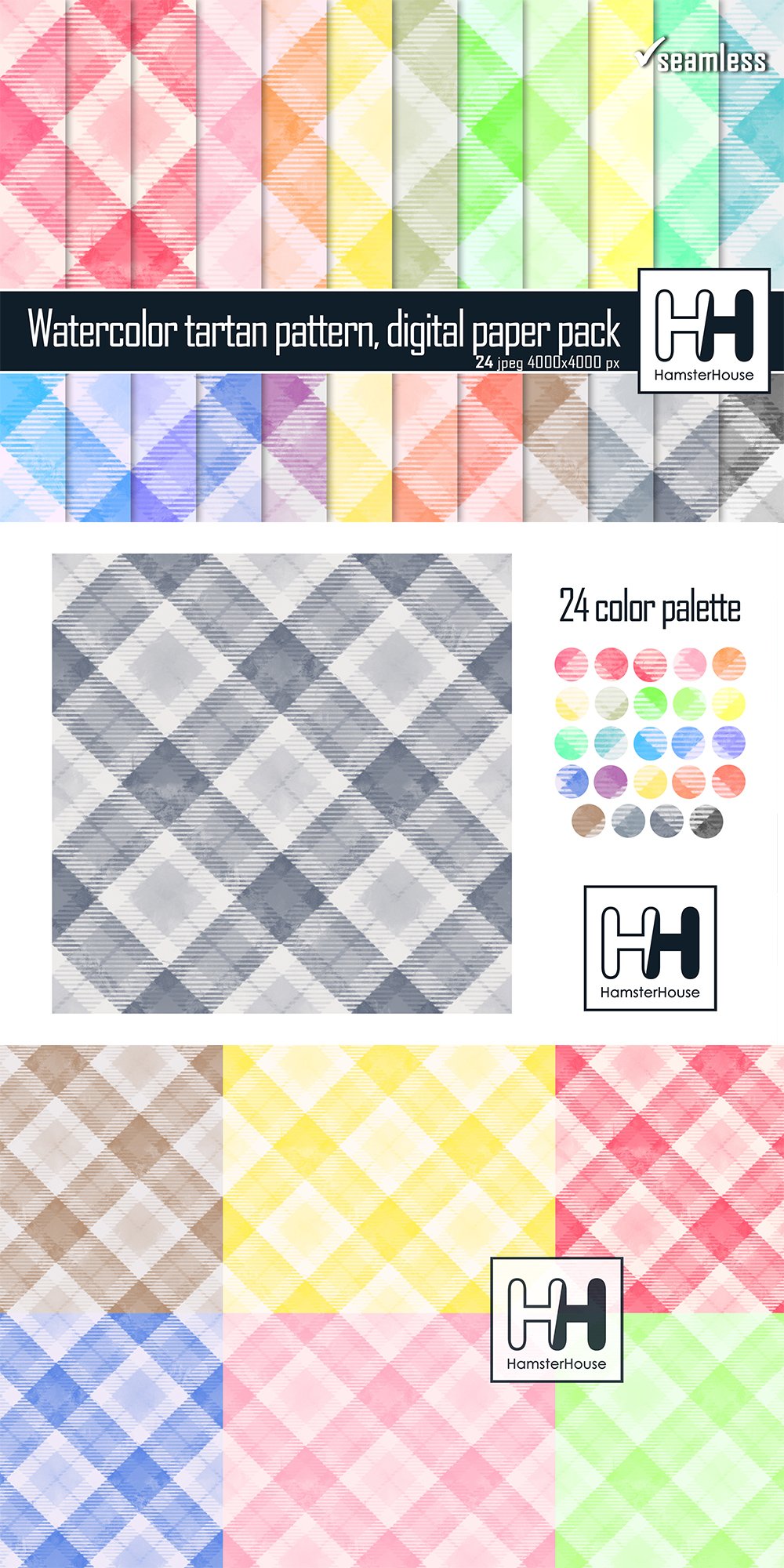 Watercolor tartan pattern, digital paper pack, 24 colors