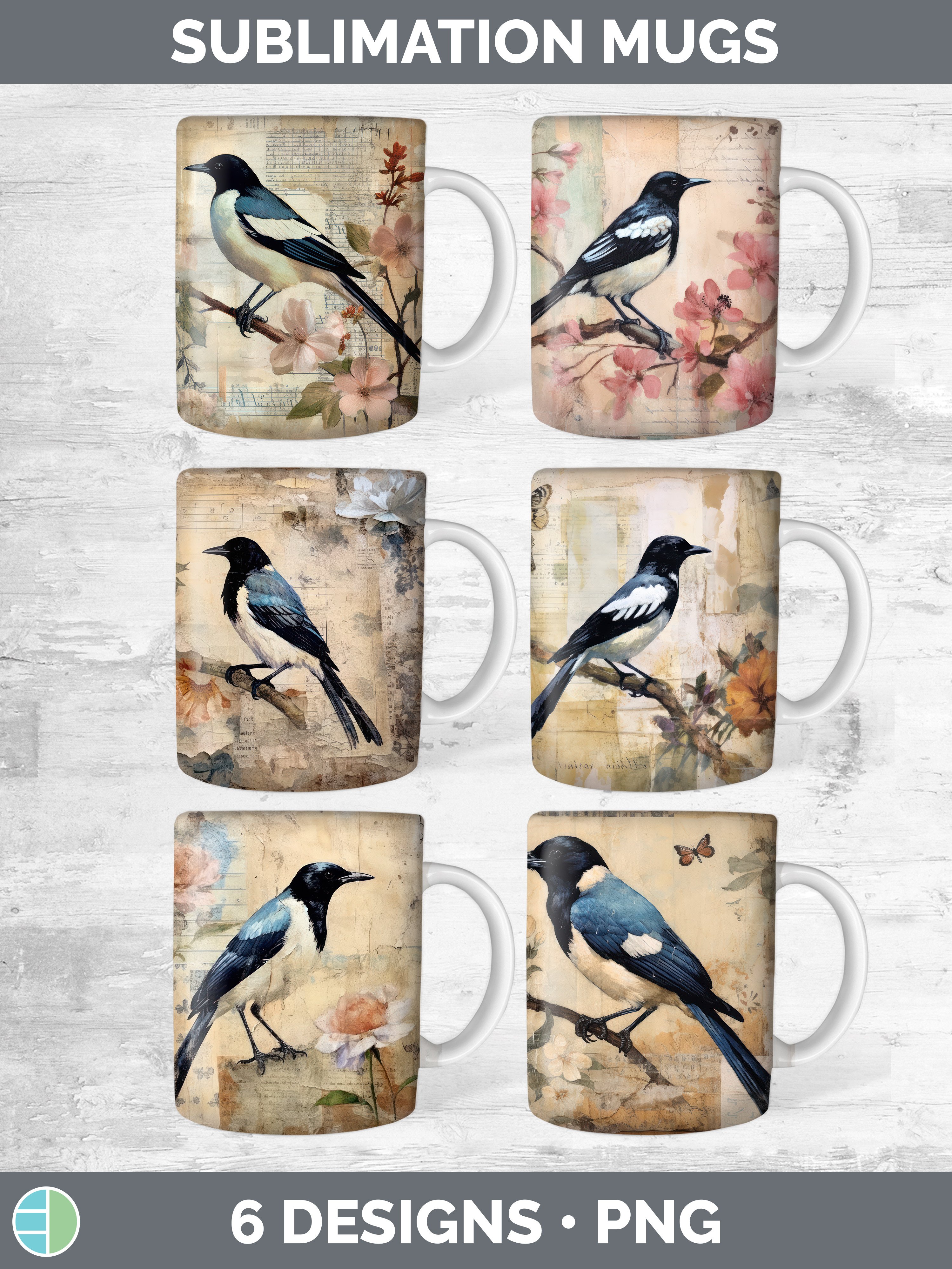 Vintage Magpie Bird Mug Wrap | Sublimation Coffee Cup Design
