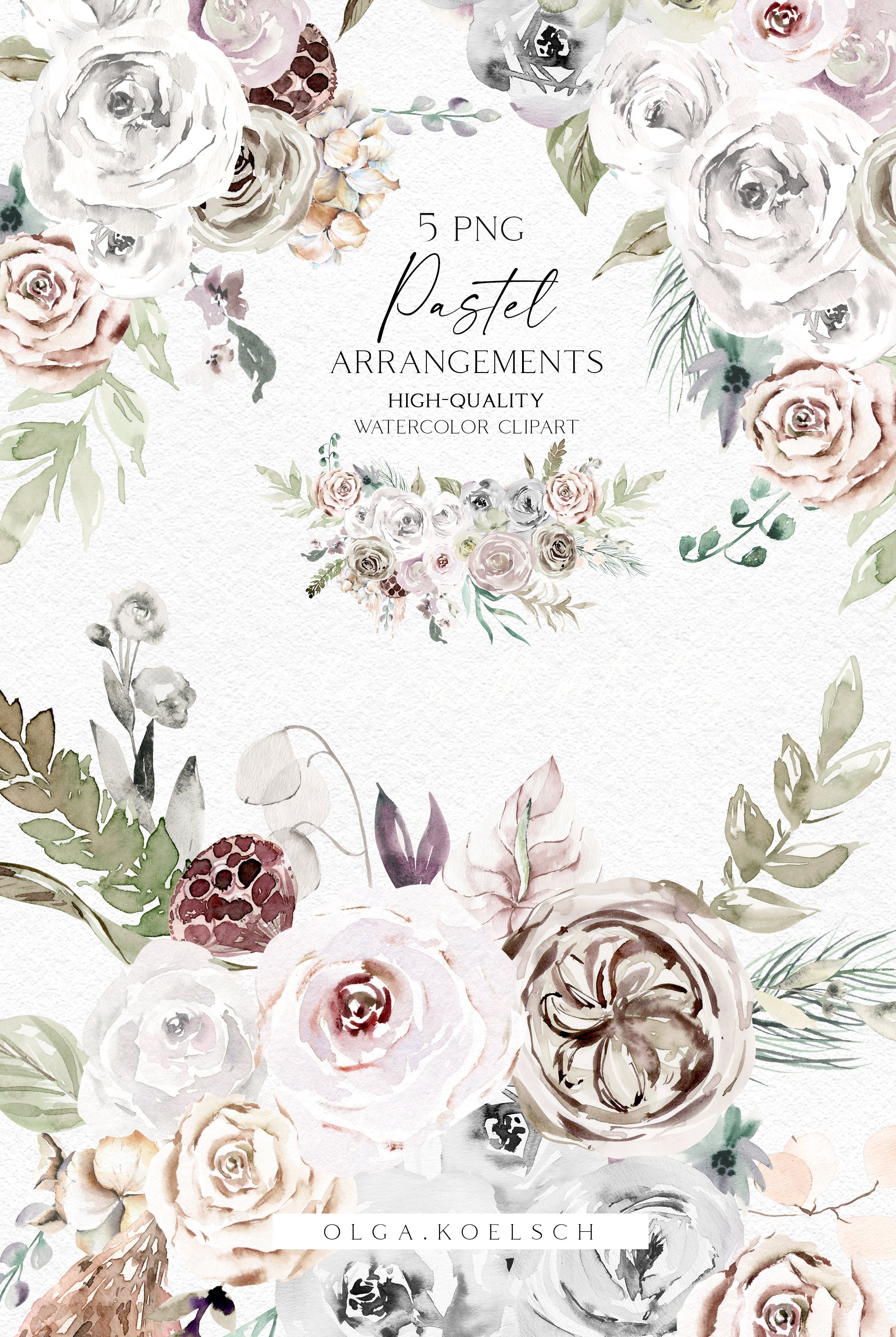 Watercolor bouquet clipart, Pastel floral borderds png 100