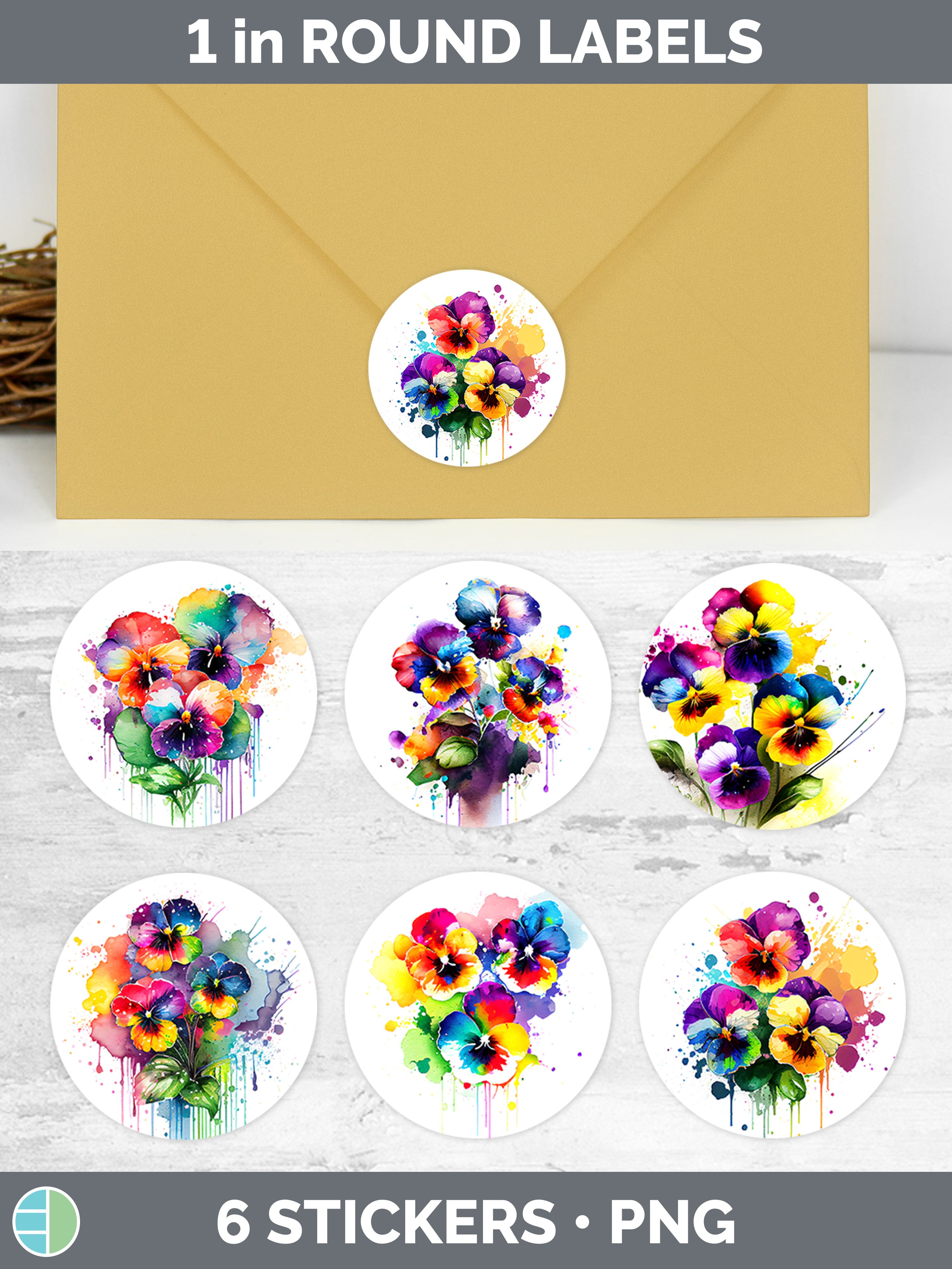 Rainbow Pansy Flowers Stickers | Round Labels Designs Bundle