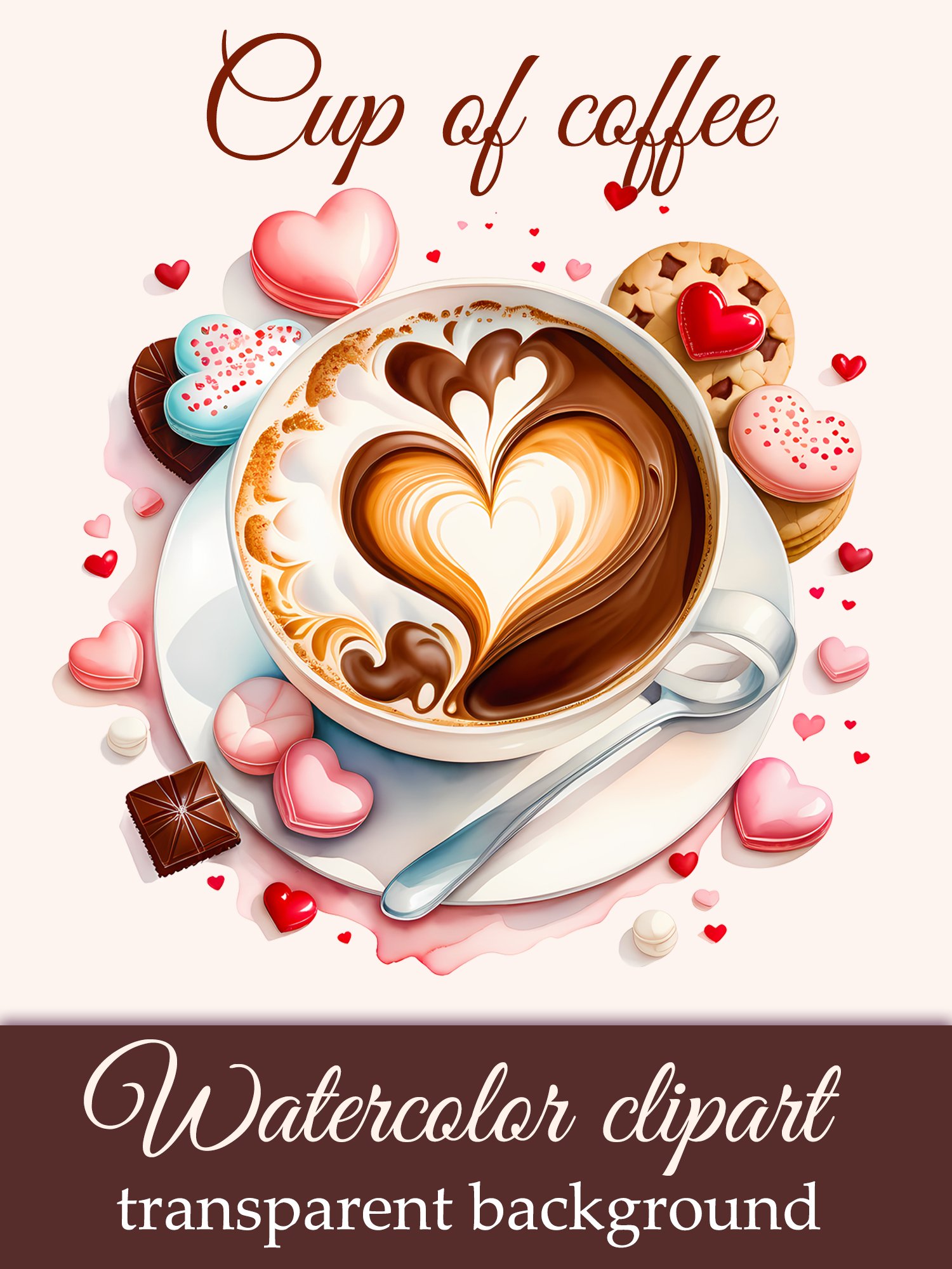 Watercolor coffee cup with hearts and chocolate, clipart Png