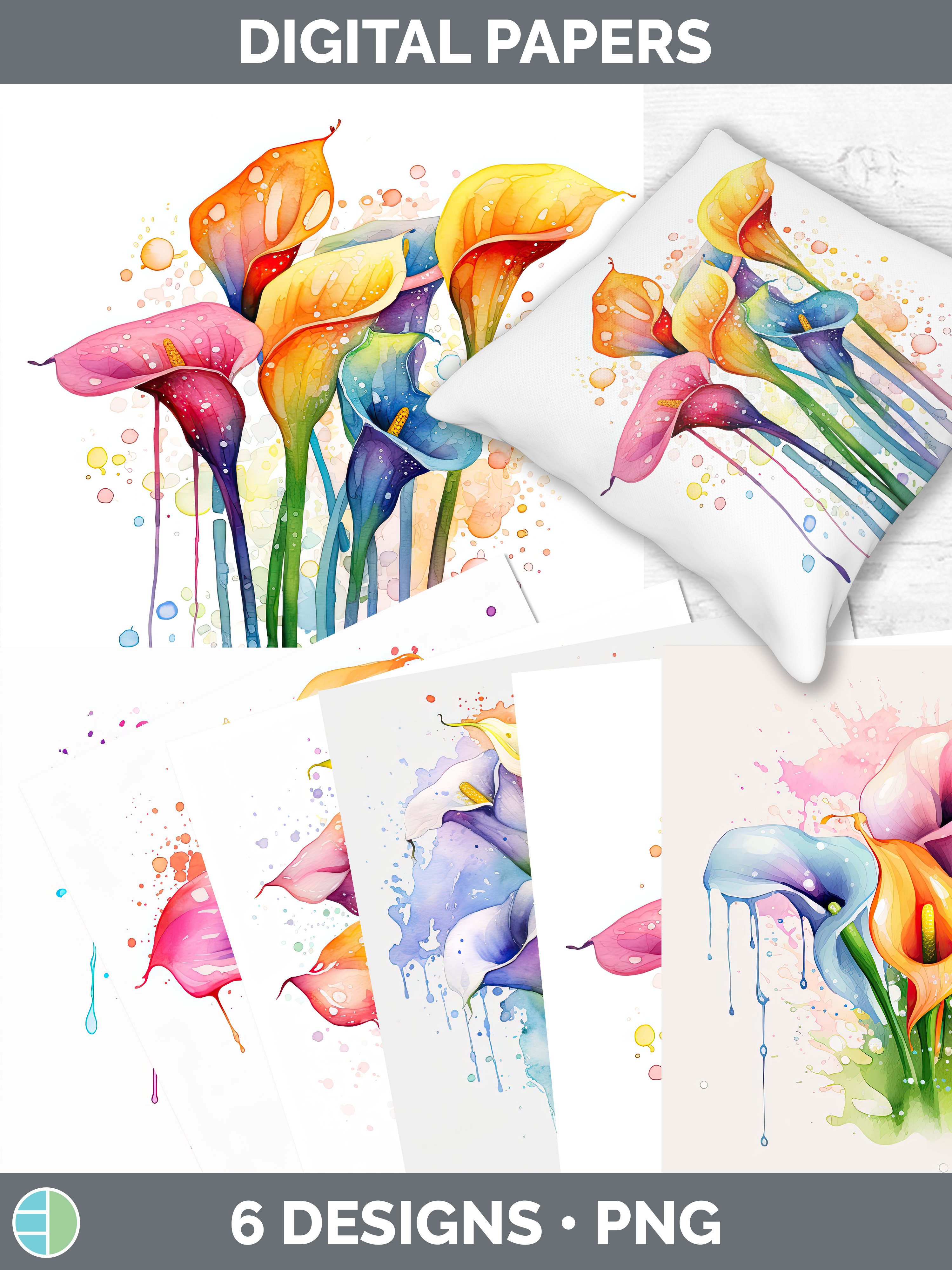 Splat Rainbow Calla Lily Flowers Paper Backgrounds | Bundle