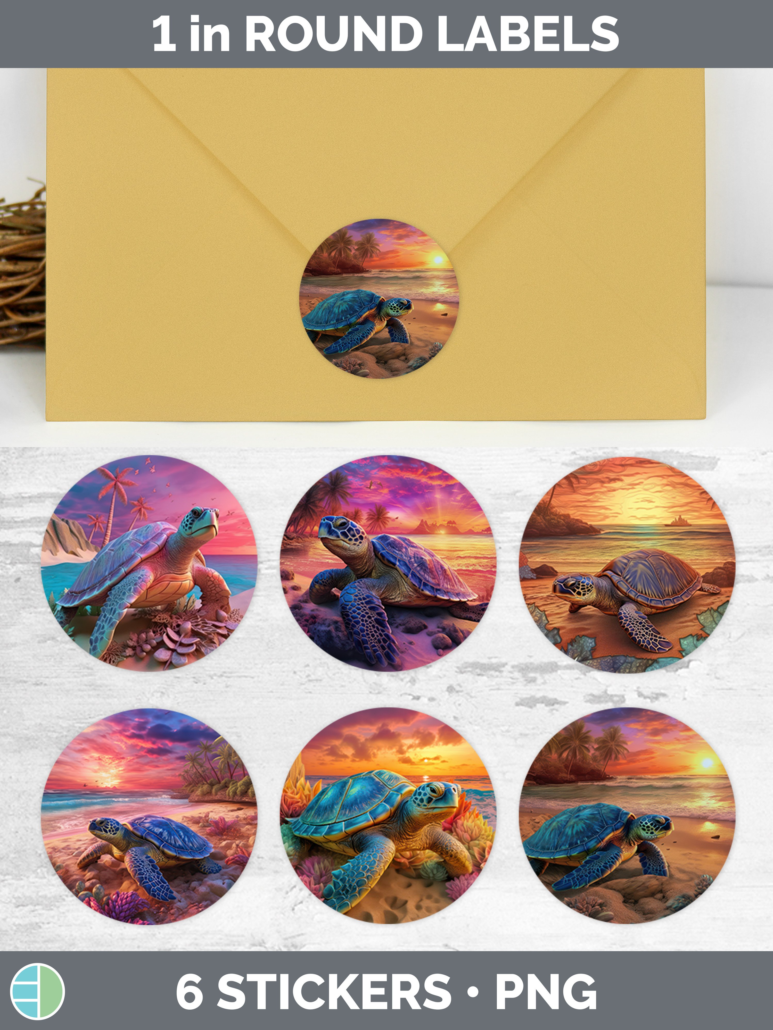 3D Sea Turtle Stickers | Round Labels Designs Bundle