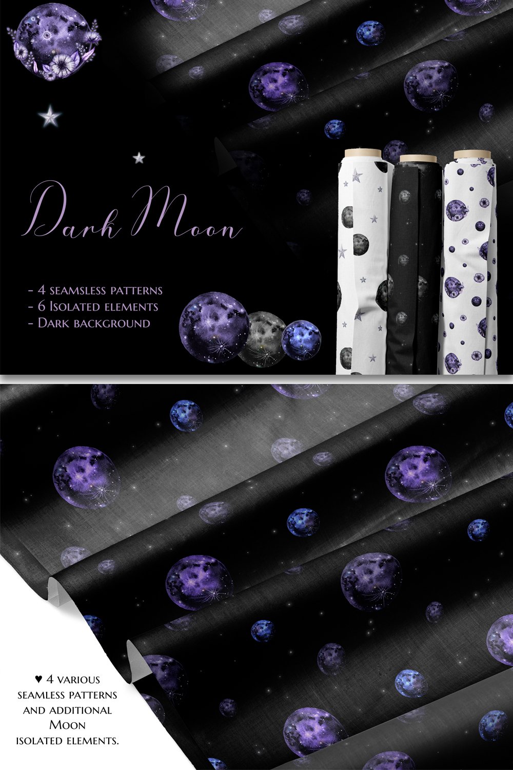 Dark Moon Seamless Patterns and Moon Clipart