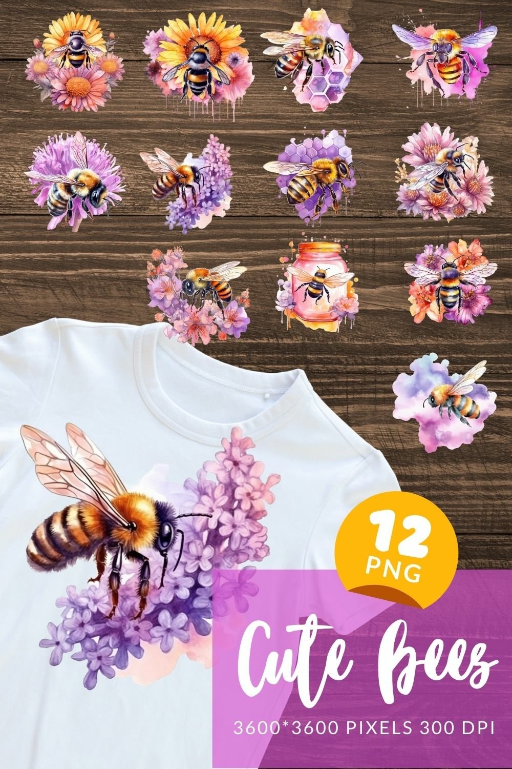 12 PNG Cute Bees Sublimation Designs Bundle