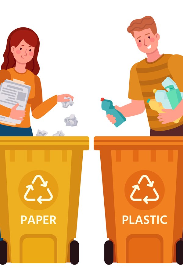 People sorting garbage. Men and women separate waste and thr