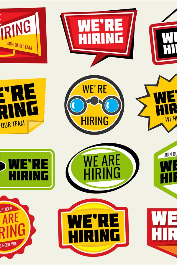 Now hiring vector signs. Employment opportunity stickers