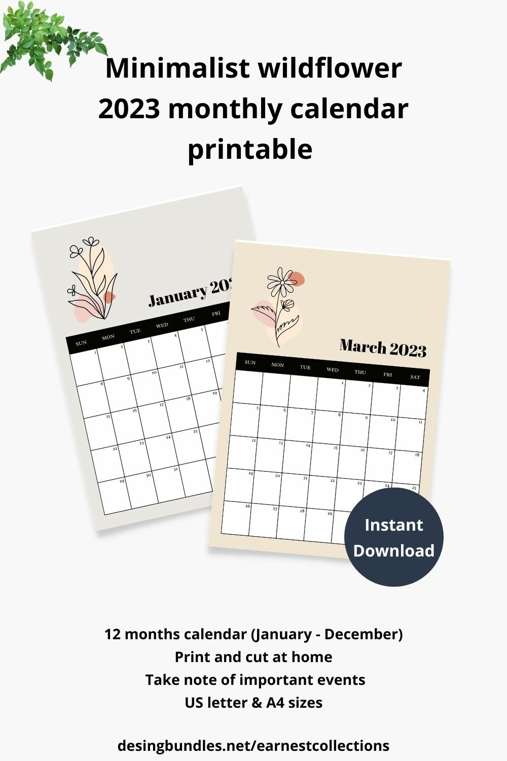 Minimalist wildflower 2023 monthly calendar printable pdf