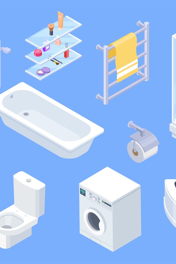 Bathroom isometric. Bathrooms interior isometrics elements,