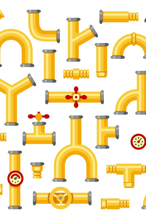 Gas pipeline. Industrial yellow pipes, pipe construction wit