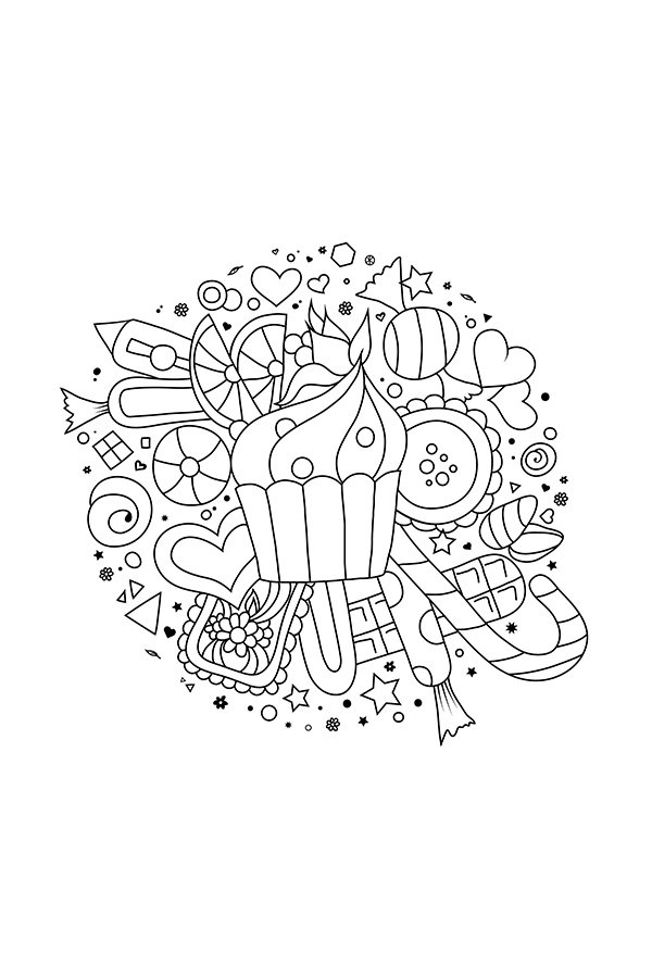 Food doodle coloring sheet with cupcake, sweets and cookies