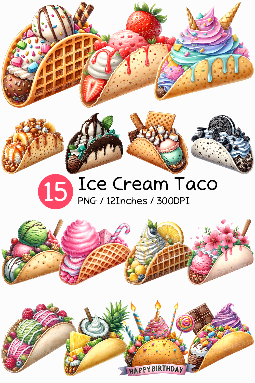 Ice Cream Taco | Watercolor Dessert Summer Sweet Clipart PNG