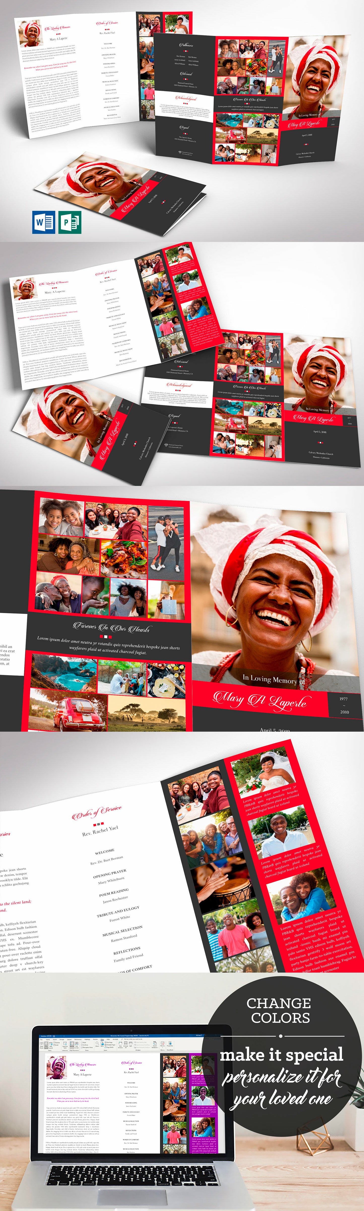 Remember Red Tabloid Trifold Funeral Program Template