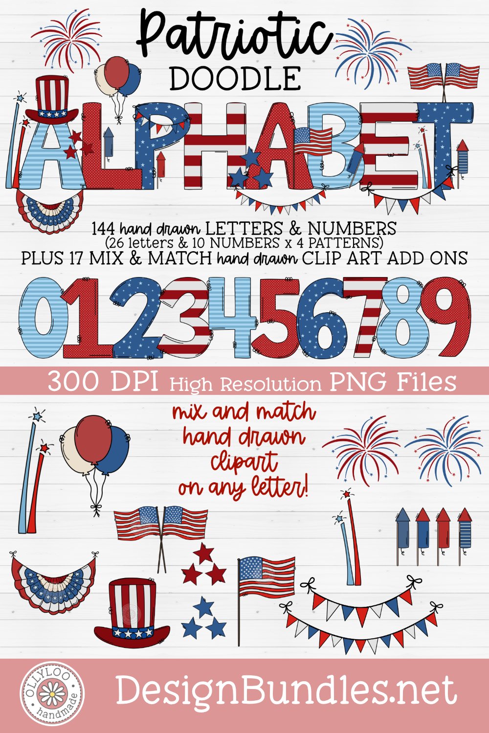 Patriotic Alphabet & Numbers Bundle with Hand Drawn Clipart
