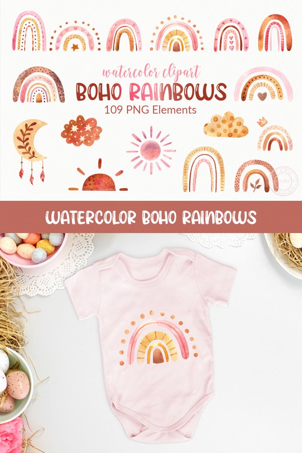 Watercolor Boho Rainbow Clipart png bundle 109 (1394411)