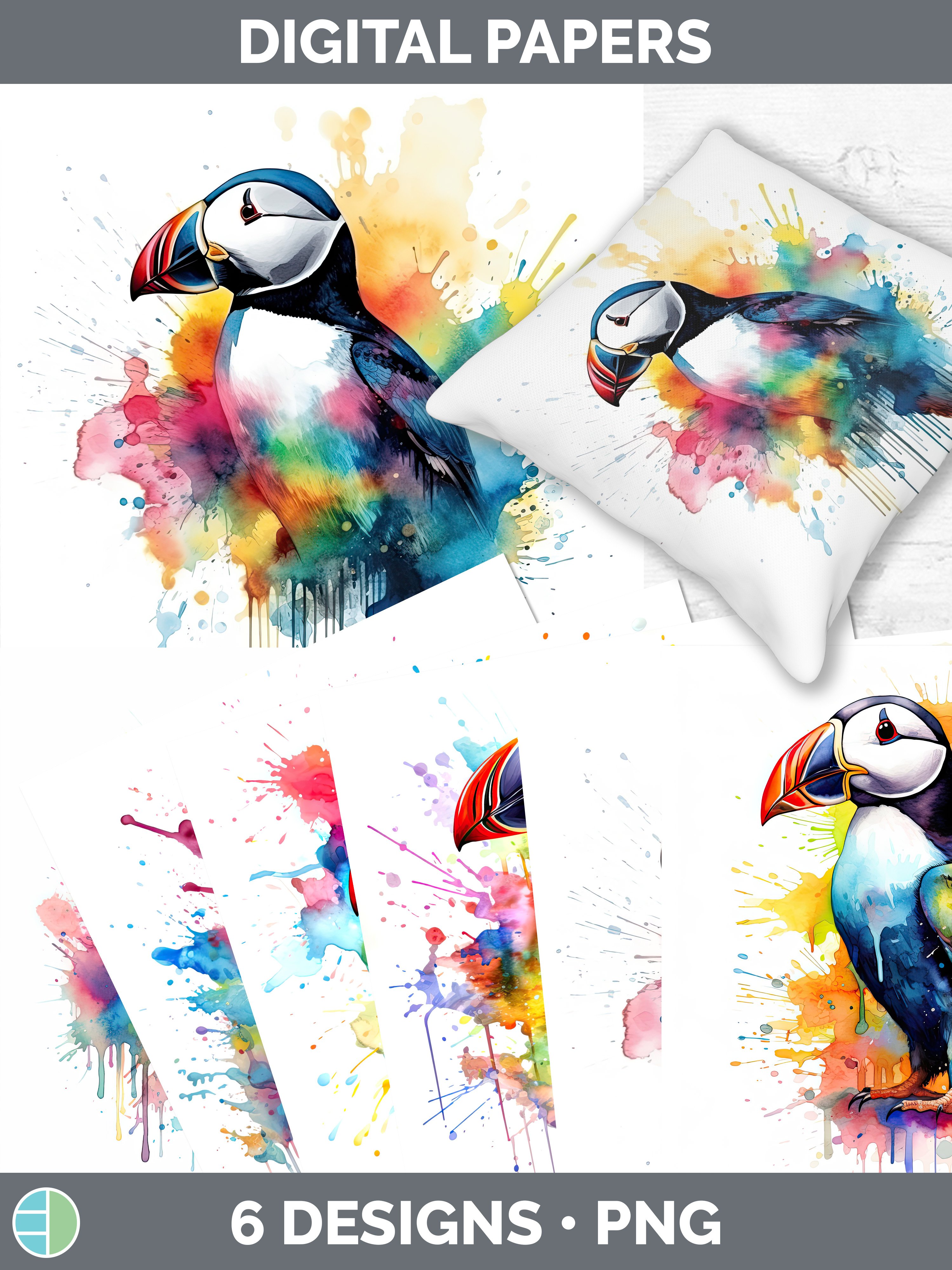 Rainbow Puffin Bird Paper Backgrounds | Digital Scrapbook Pa