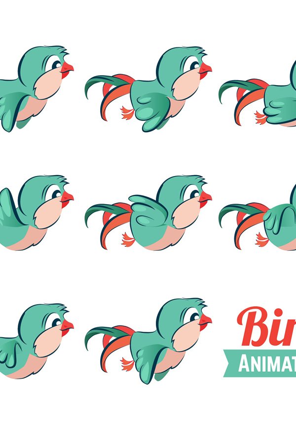 Key frames animation of bird flying. Cartoon zoo vector illu