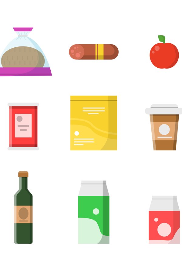 Food market. Grocery basket with products sausage milk fruit