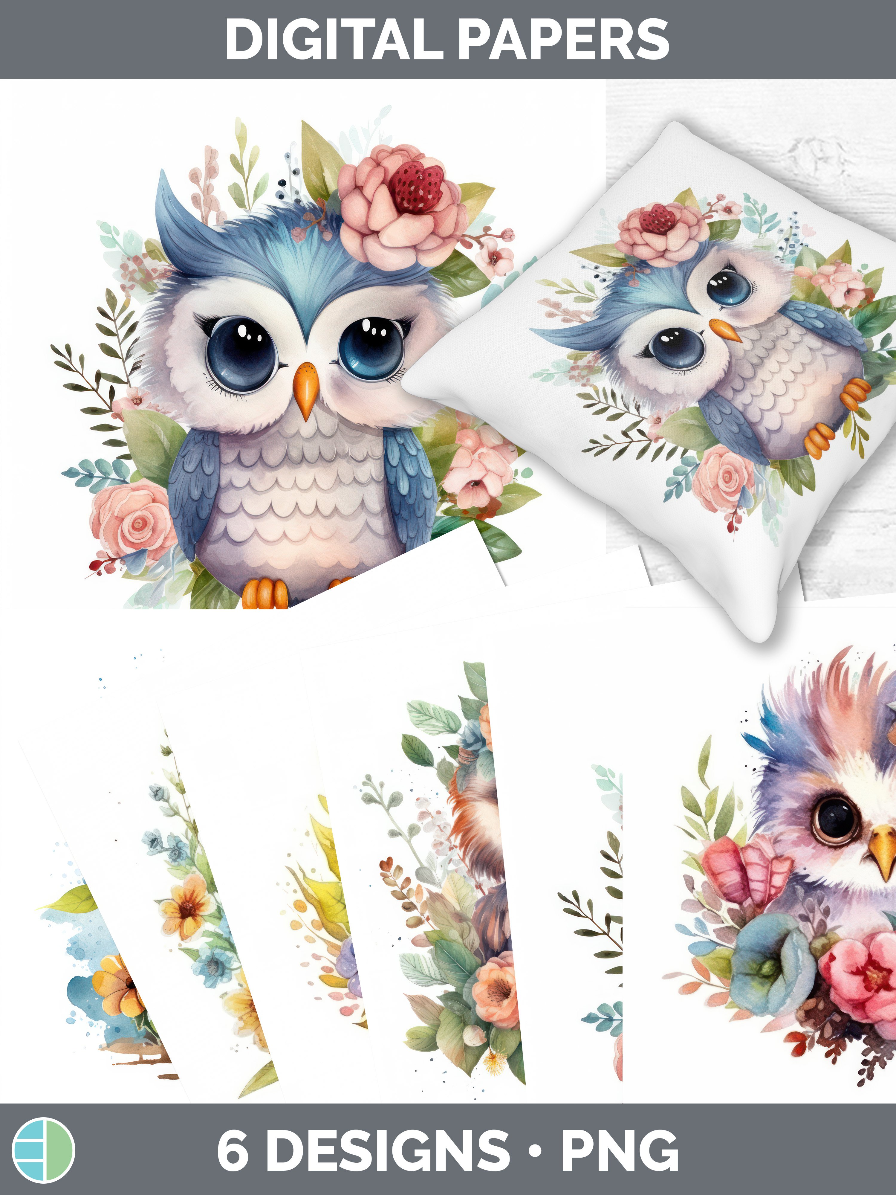 Watercolor Floral Owls Paper Backgrounds | Digital Scrapbook