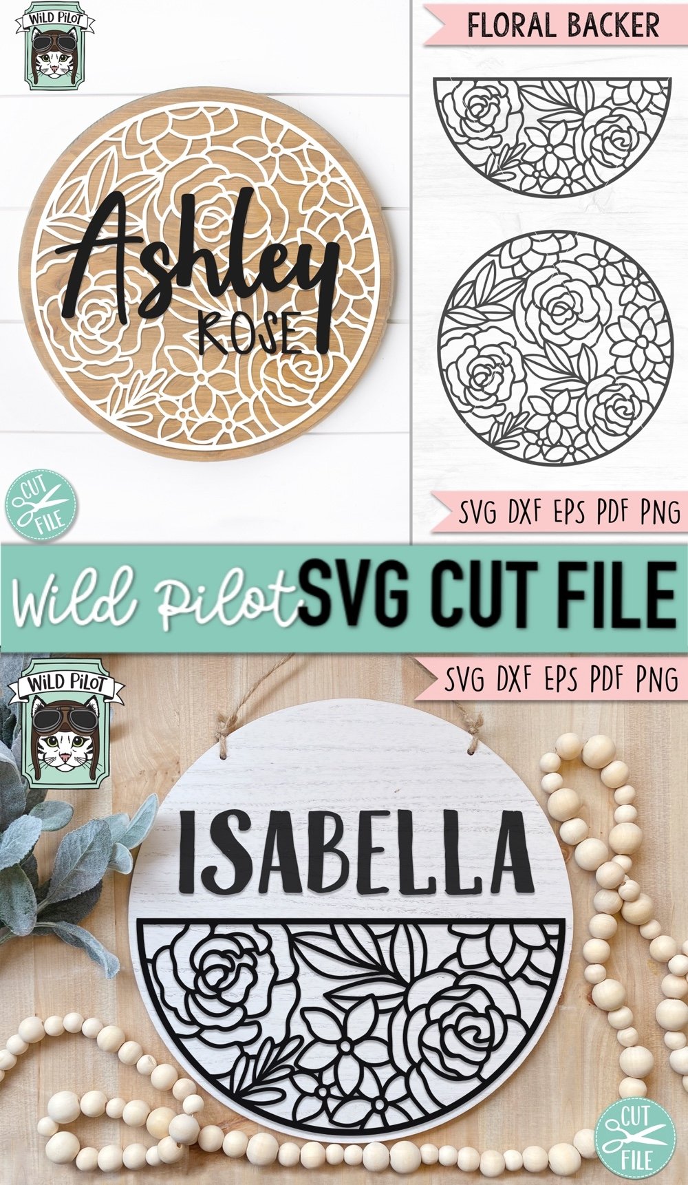 Flower Round Monogram Frame SVG, Floral Name Sign SVG File
