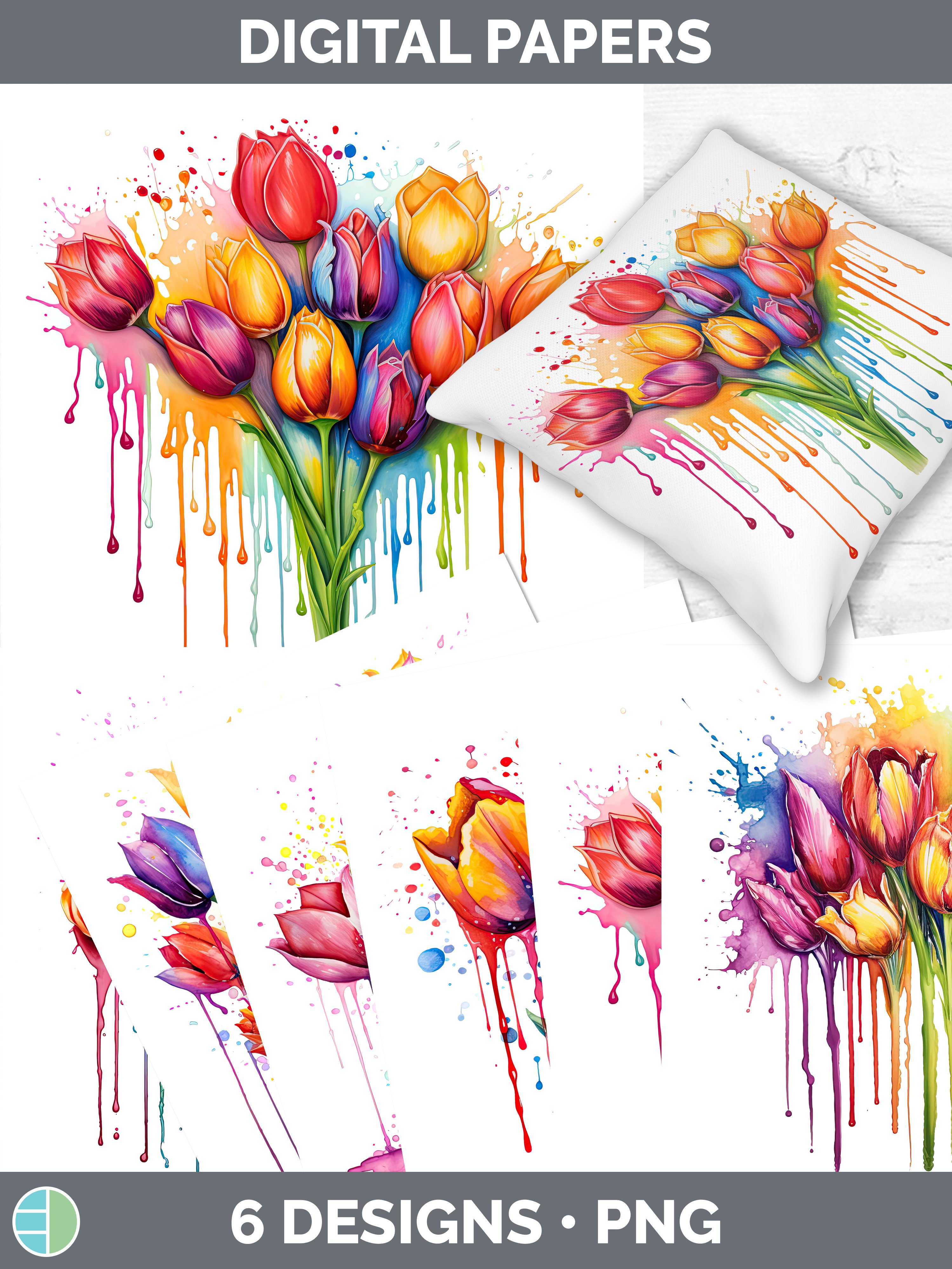 Splat Rainbow Tulip Flowers Paper Backgrounds | Digital Scra