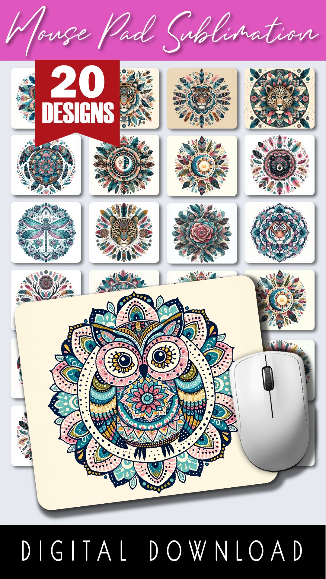 Mandala Mouse Pad Bundle, Boho Mandala Mousepad Sublimation