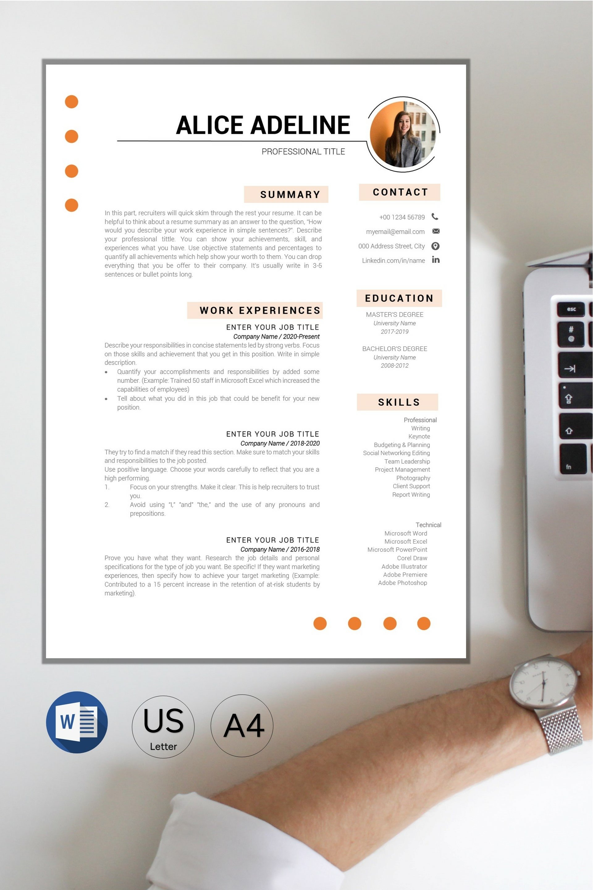Orange resume template word, cv template, simple resume